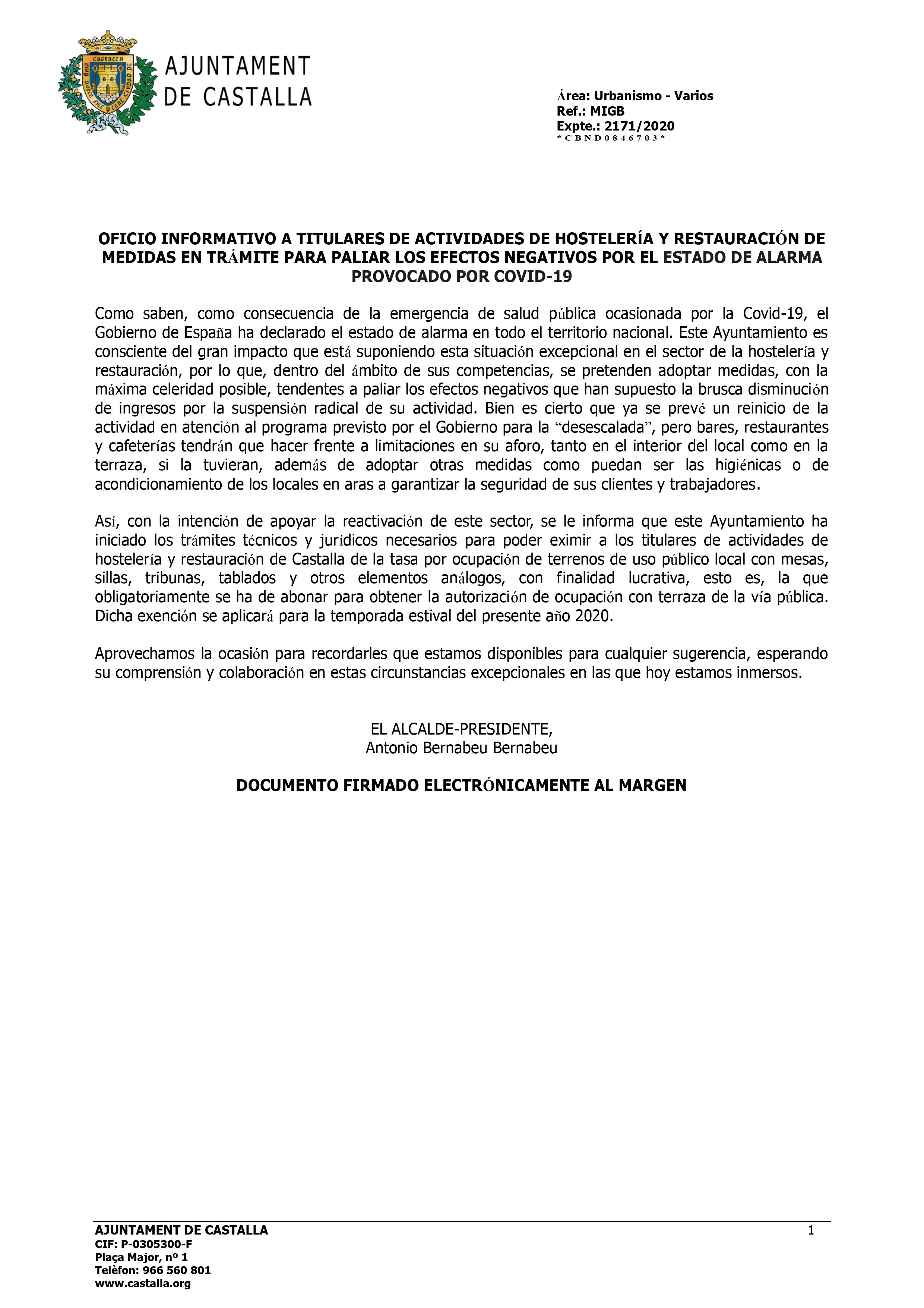 Oficio informativo a titulares de actividades de hostelería y ...